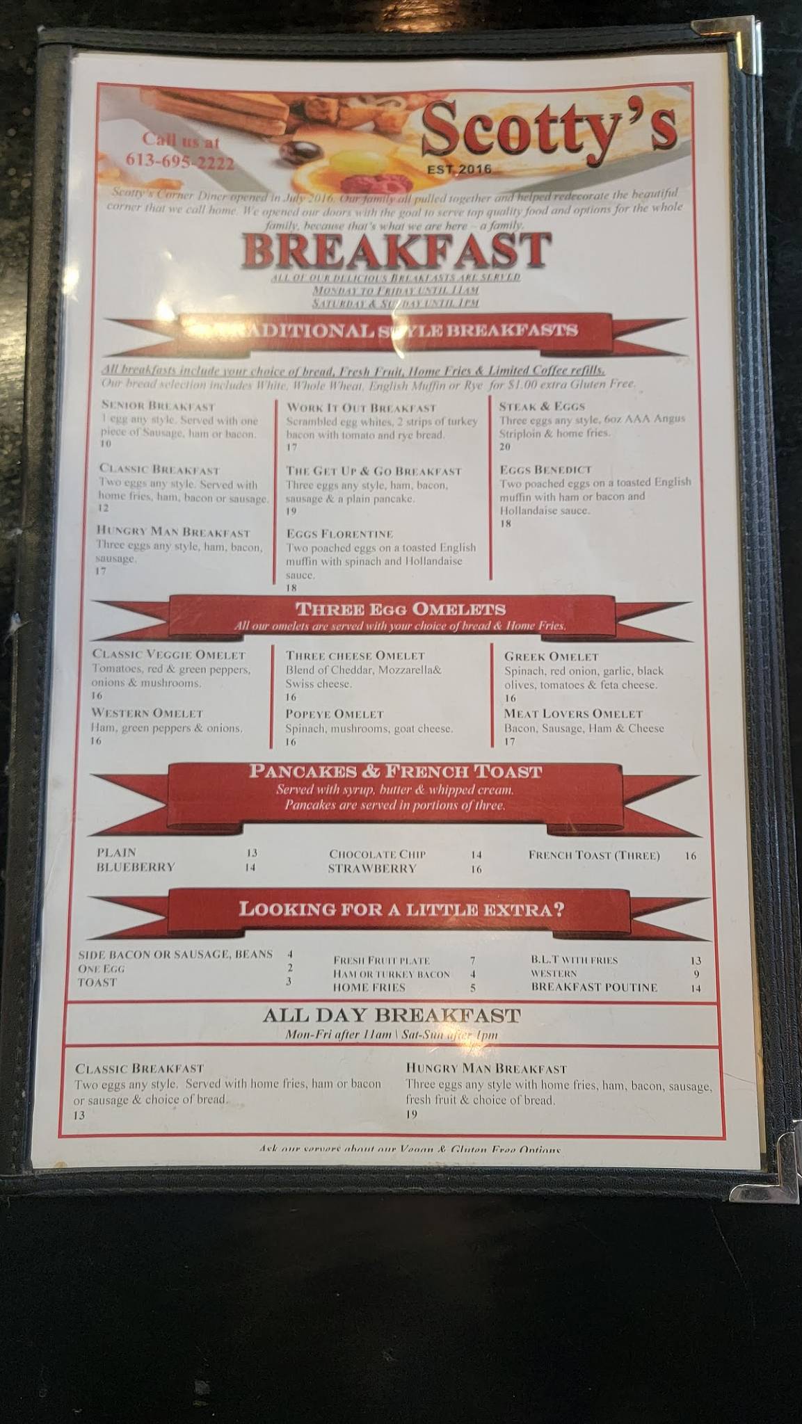 Menu at Scotty's Corner Diner restaurant, Ottawa