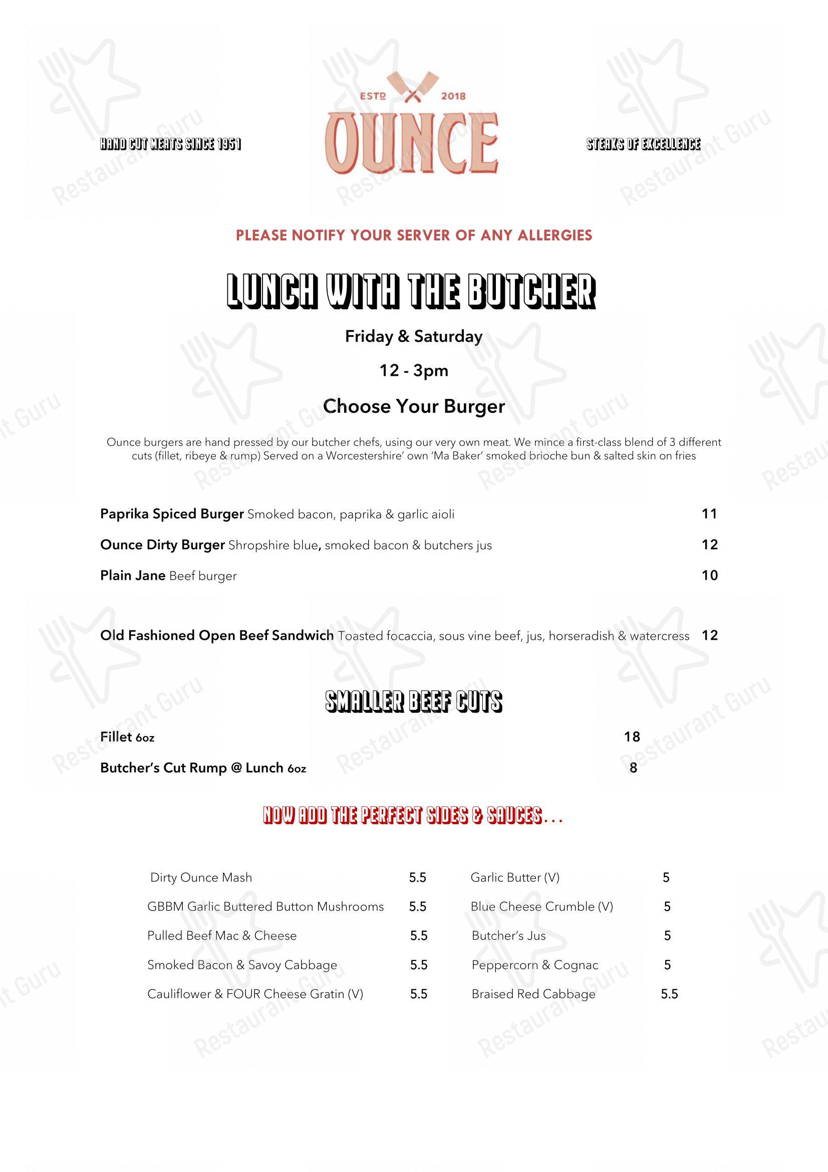 Menu at Ounce Bar And Kitchen, Worcester