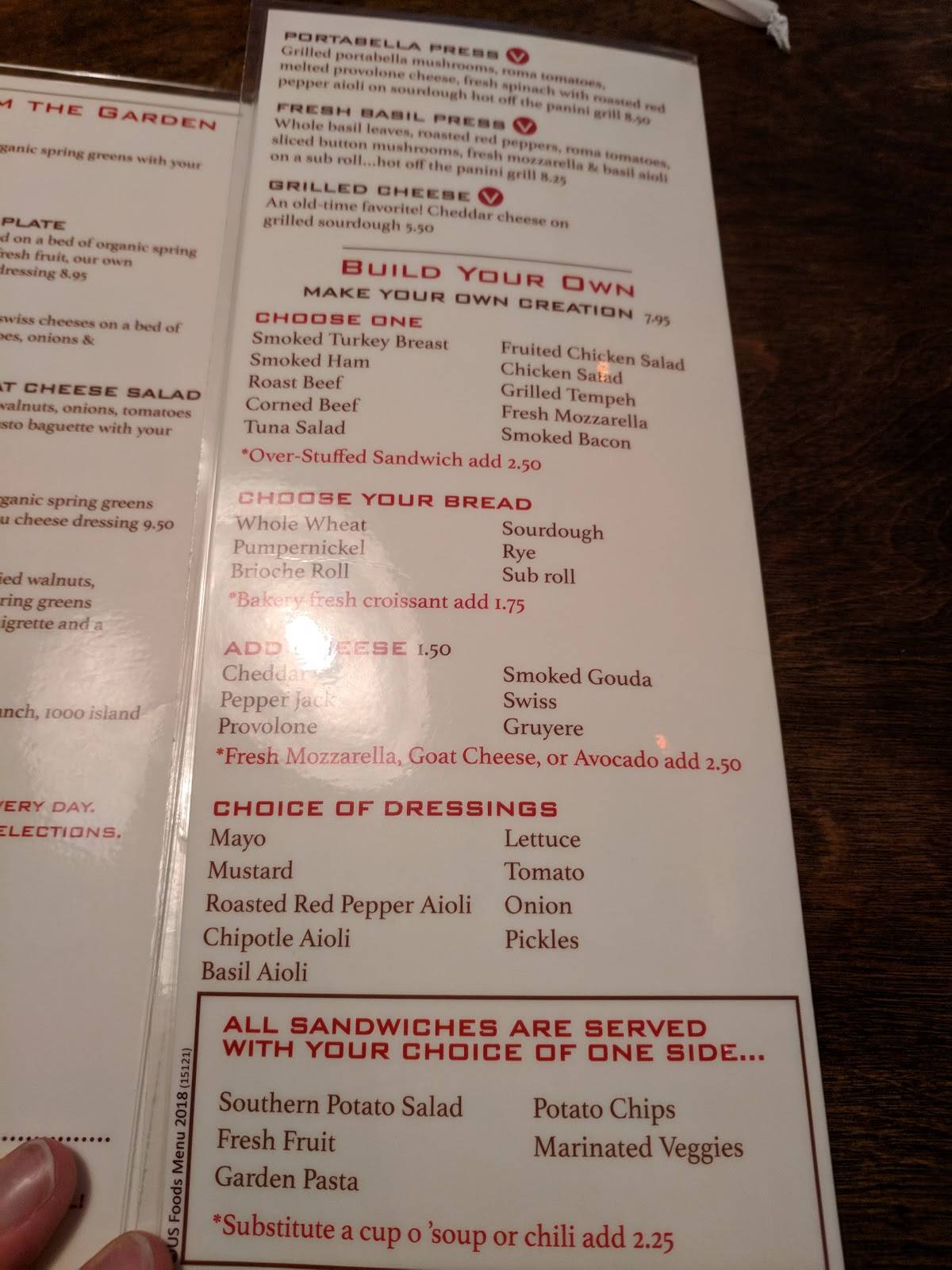 Menu at Our Daily Bread restaurant, Boone