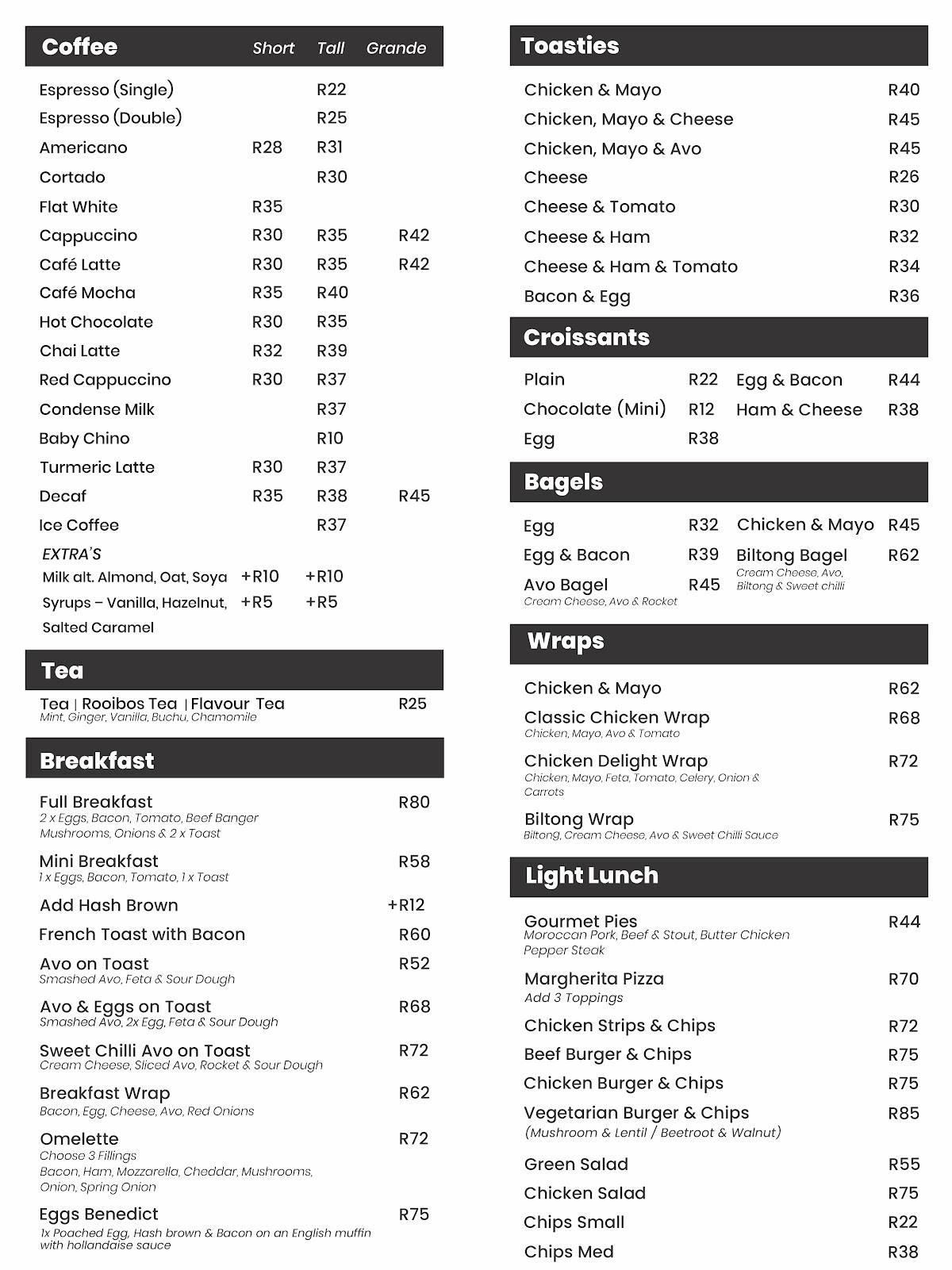 Menu at Our Spot Cafe, Cape Town