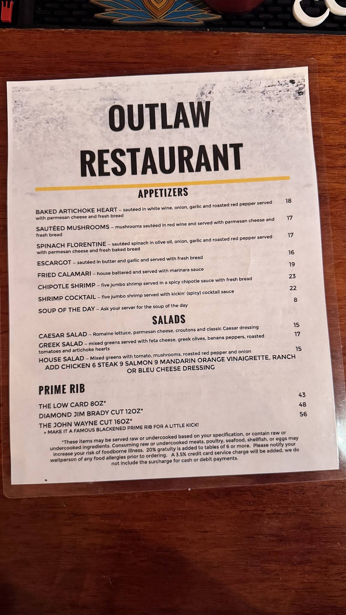 Menu at Outlaw Restaurant, Ouray