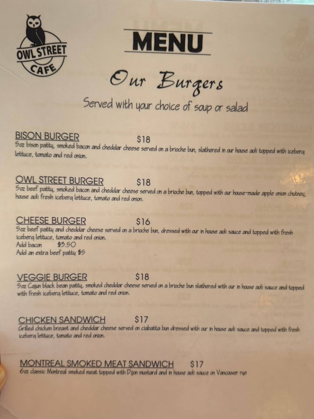 Menu at Owl Street Cafe, Hope