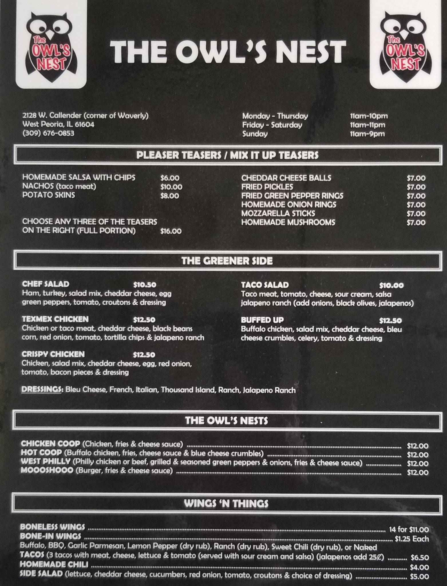 Menu at Owls Nest pub & bar, West Peoria