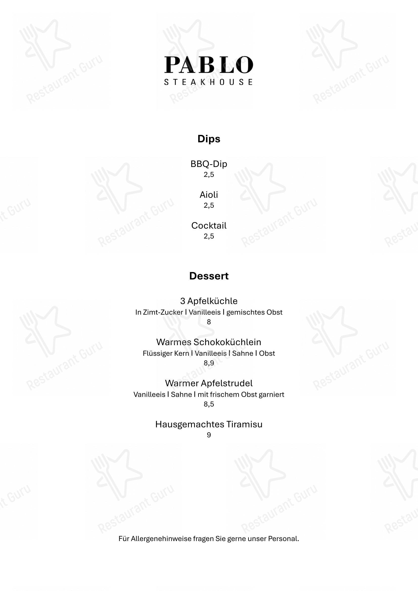 Menu at PABLO Steakhouse, Kempten
