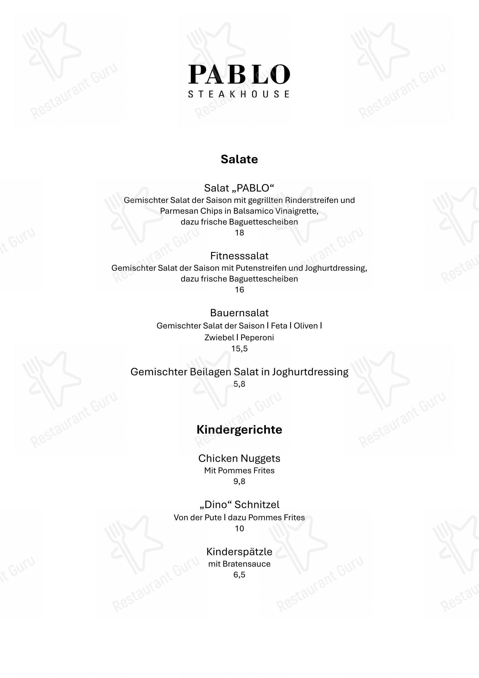 Menu at PABLO Steakhouse, Kempten