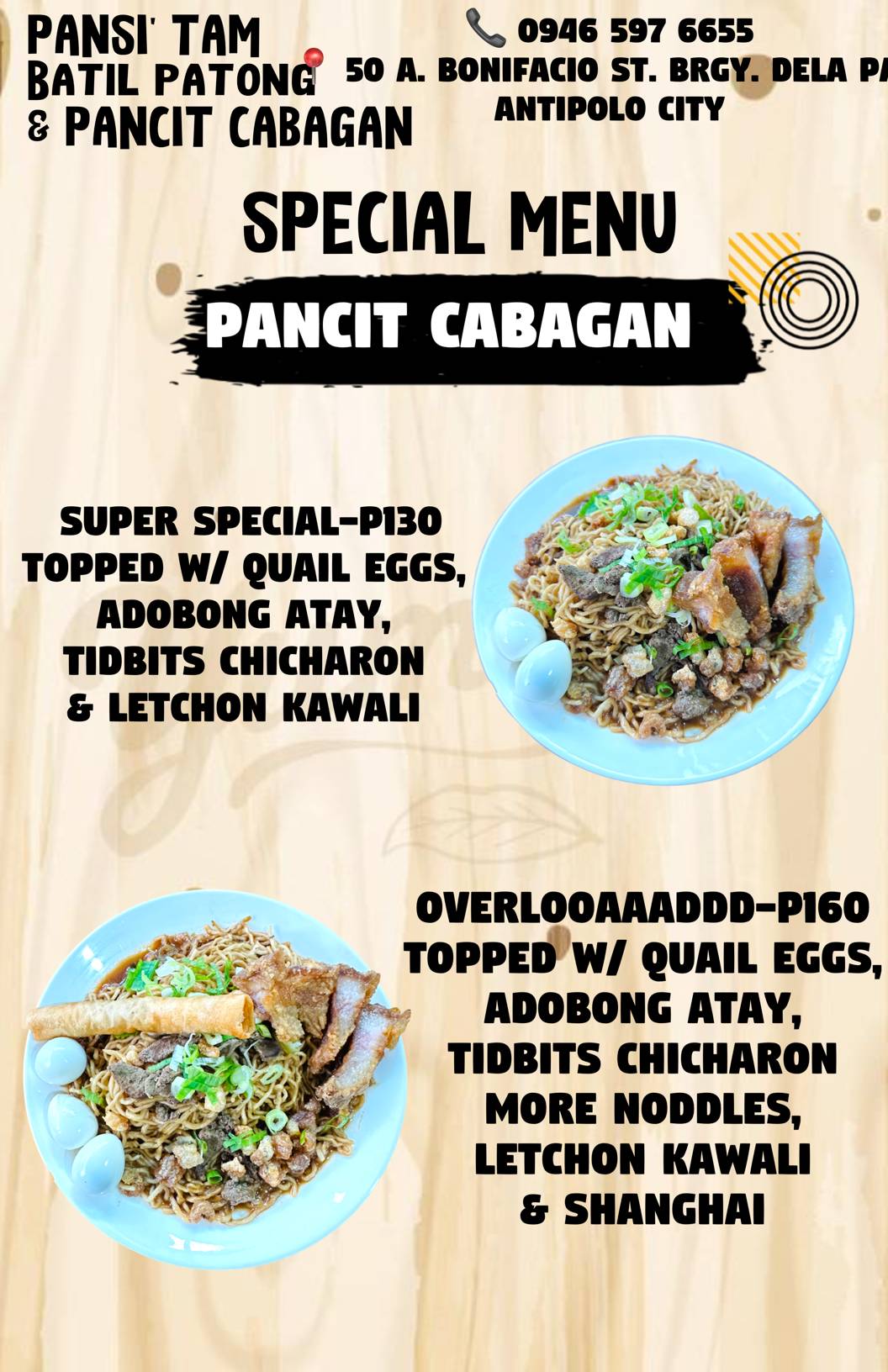 Menu at Pansitam Batil Patong Pancit Cabagan Antipolo restaurant, Antipolo