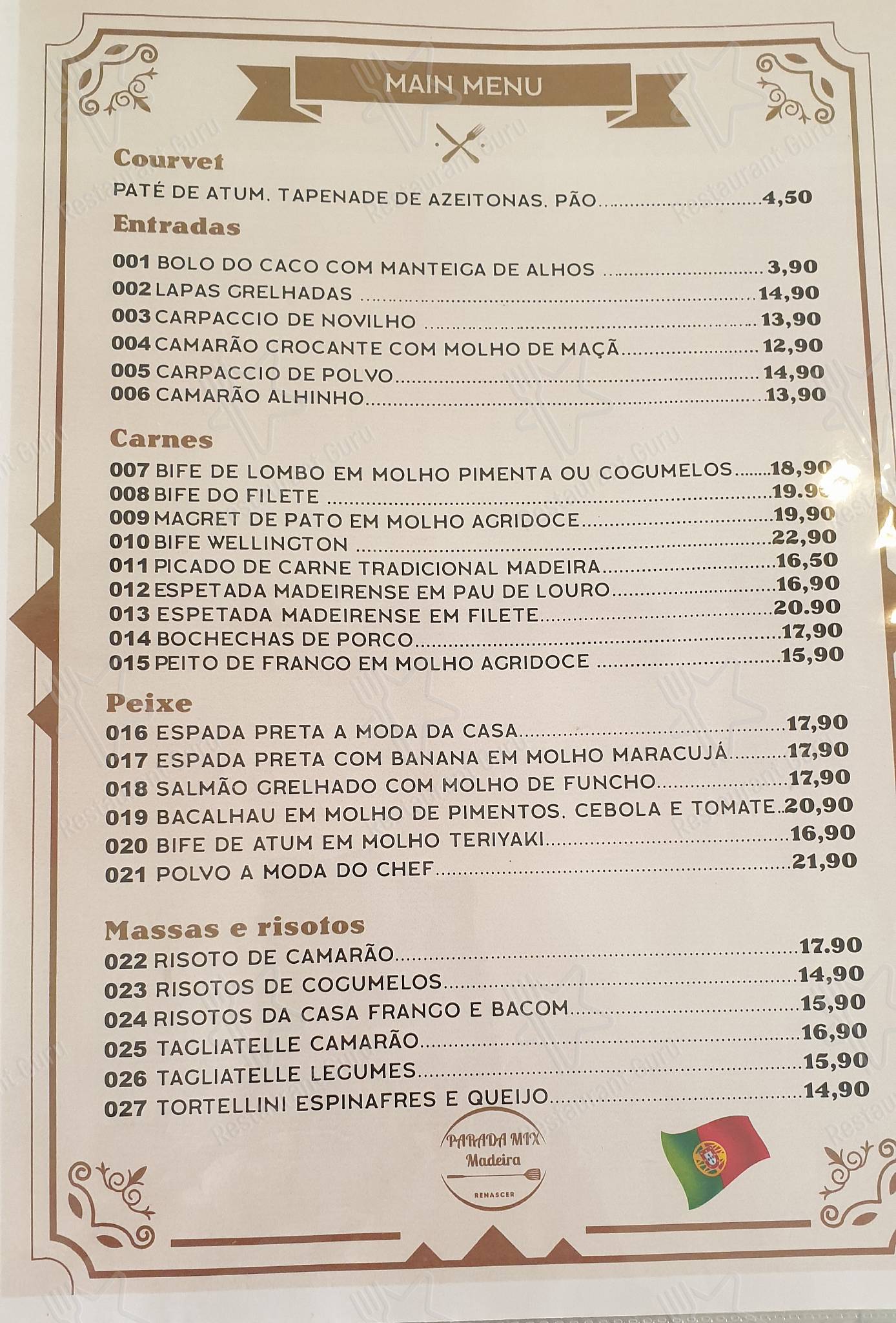 Menu at PARADA MIX Madeira restaurant, Funchal, Rua de Santa Maria 63