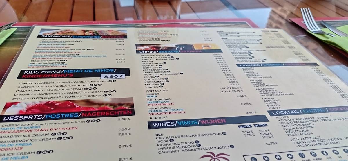 Menu at PARADISO restaurant, Benidorm