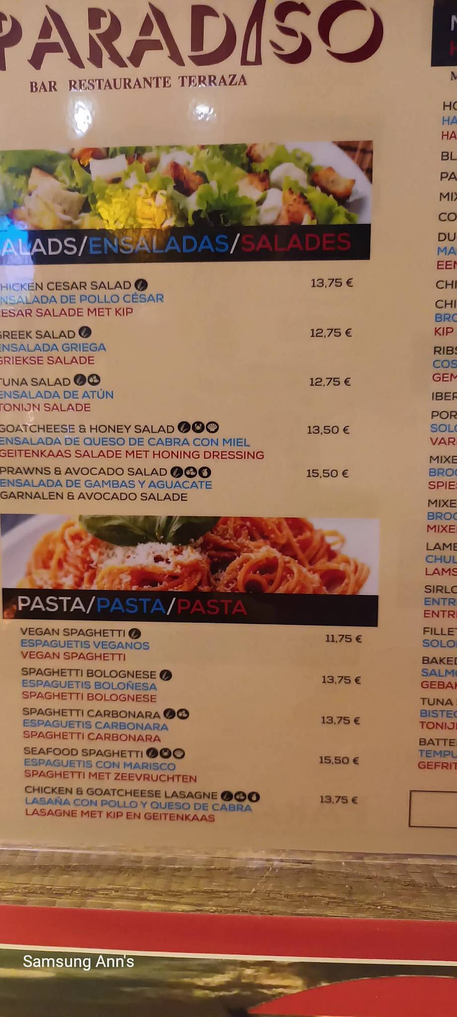 Menu at PARADISO pub & bar, Benidorm