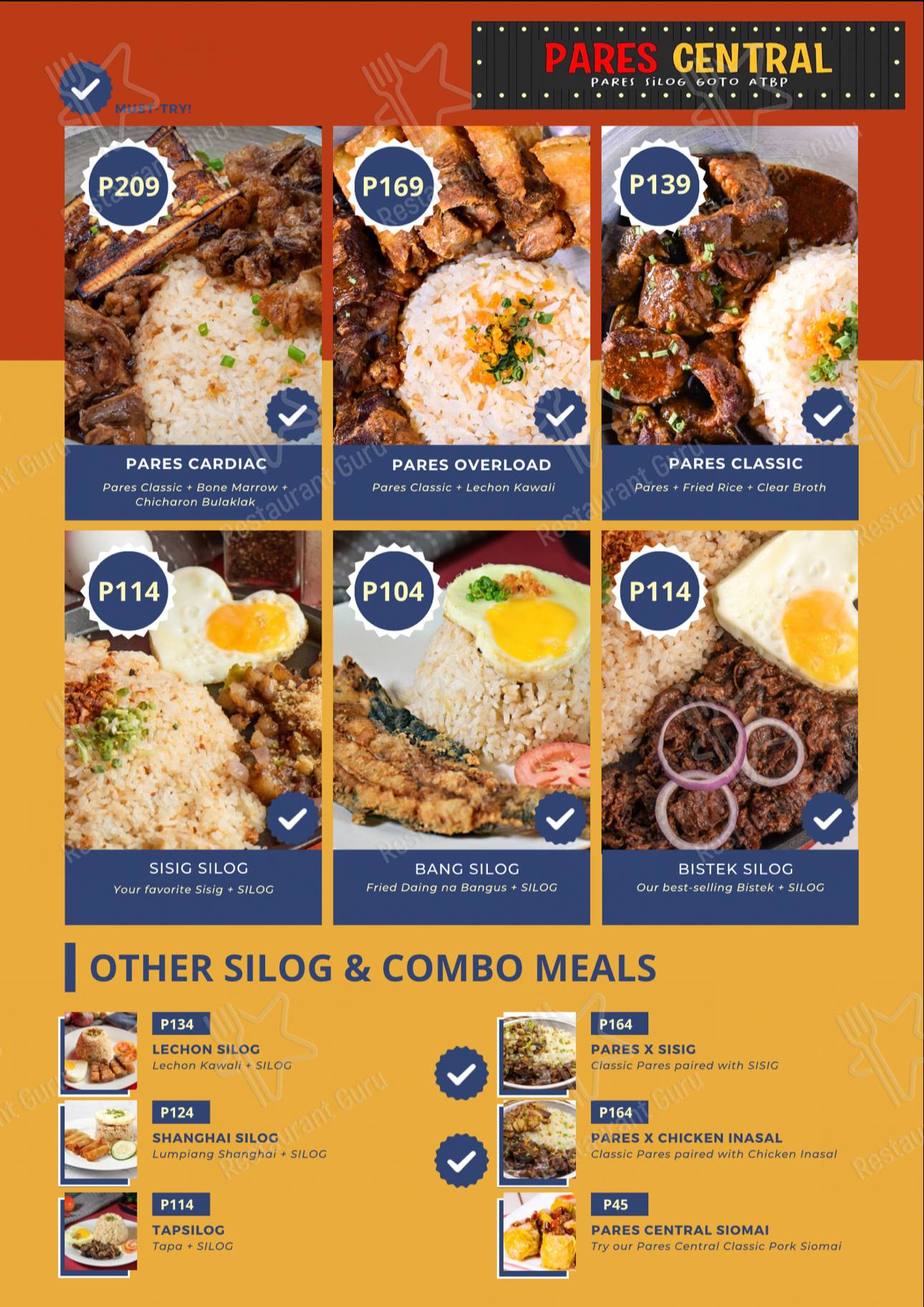 Menu at PARES CENTRAL restaurant, Marikina