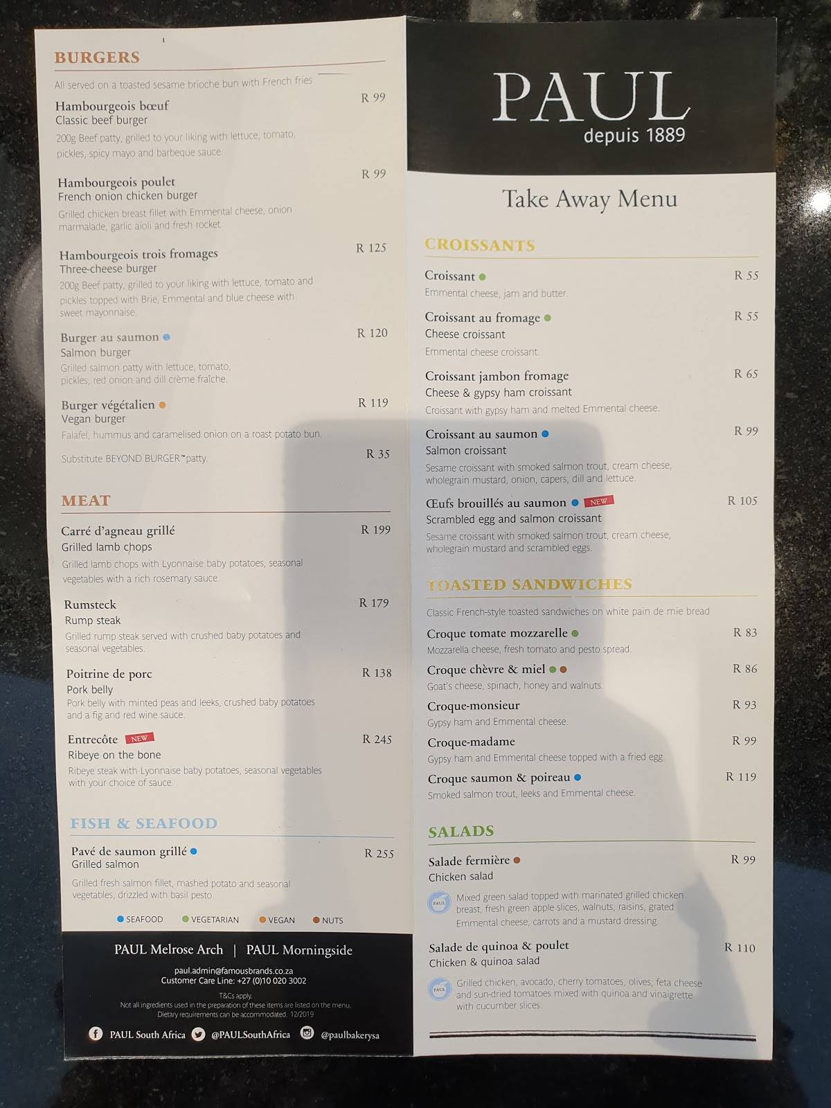 Menu at PAUL restaurant, Sandton, and