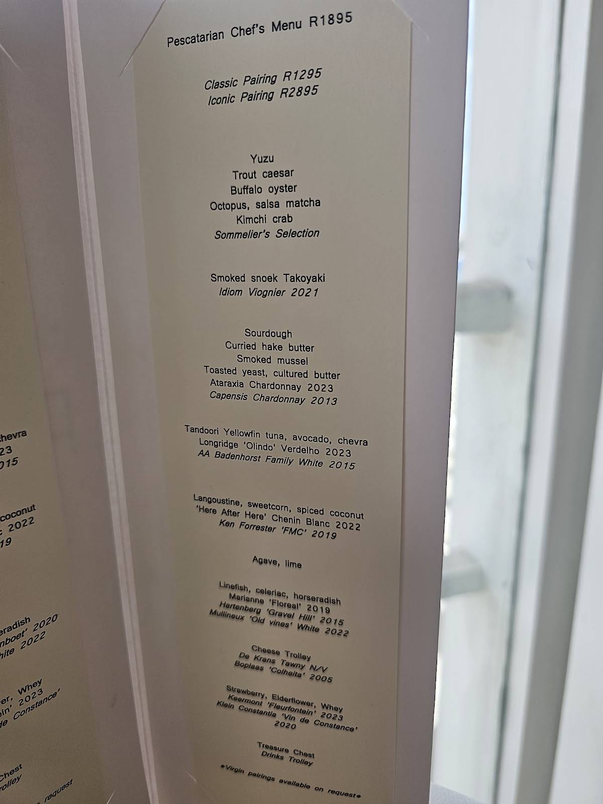 Menu at PIER Restaurant, Cape Town