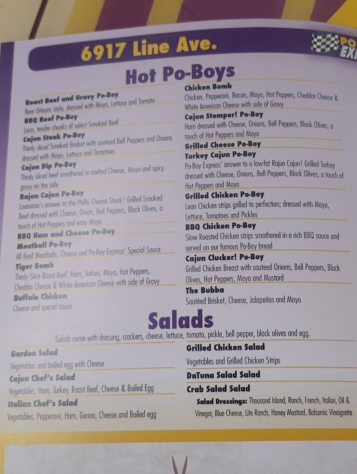 Menu at PO Boy Express restaurant, Shreveport
