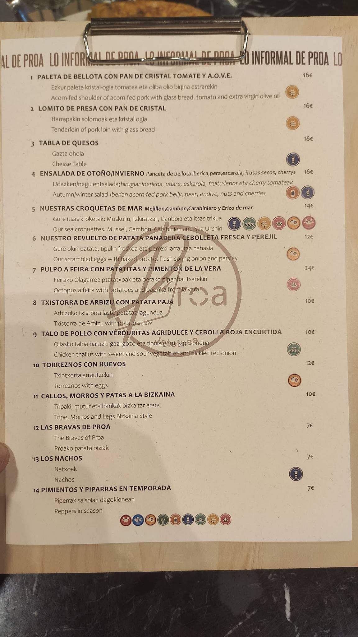 Carta del restaurante PROA Jatetxea, Baquio