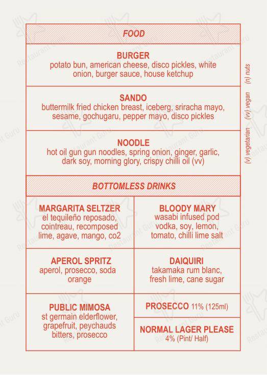 Menu at PUBLIC, Manchester