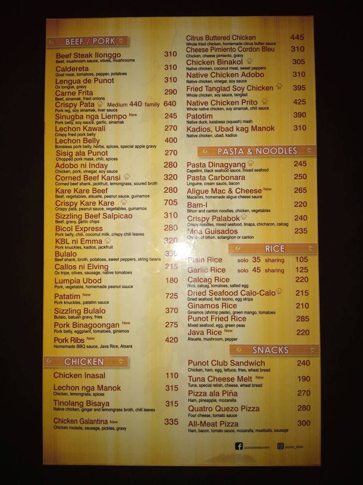 Menu at PUNOT restaurant, Iloilo City