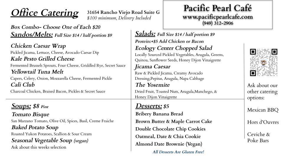 Menu at Pacific Pearl Cafe, San Juan Capistrano