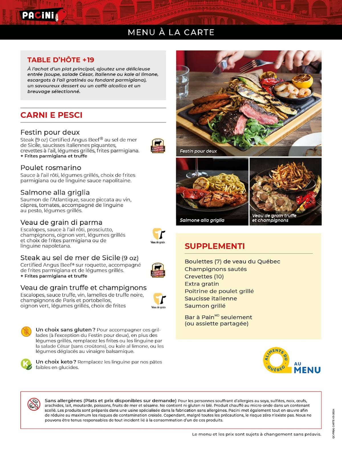 Menu at Pacini Hull restaurant, Gatineau