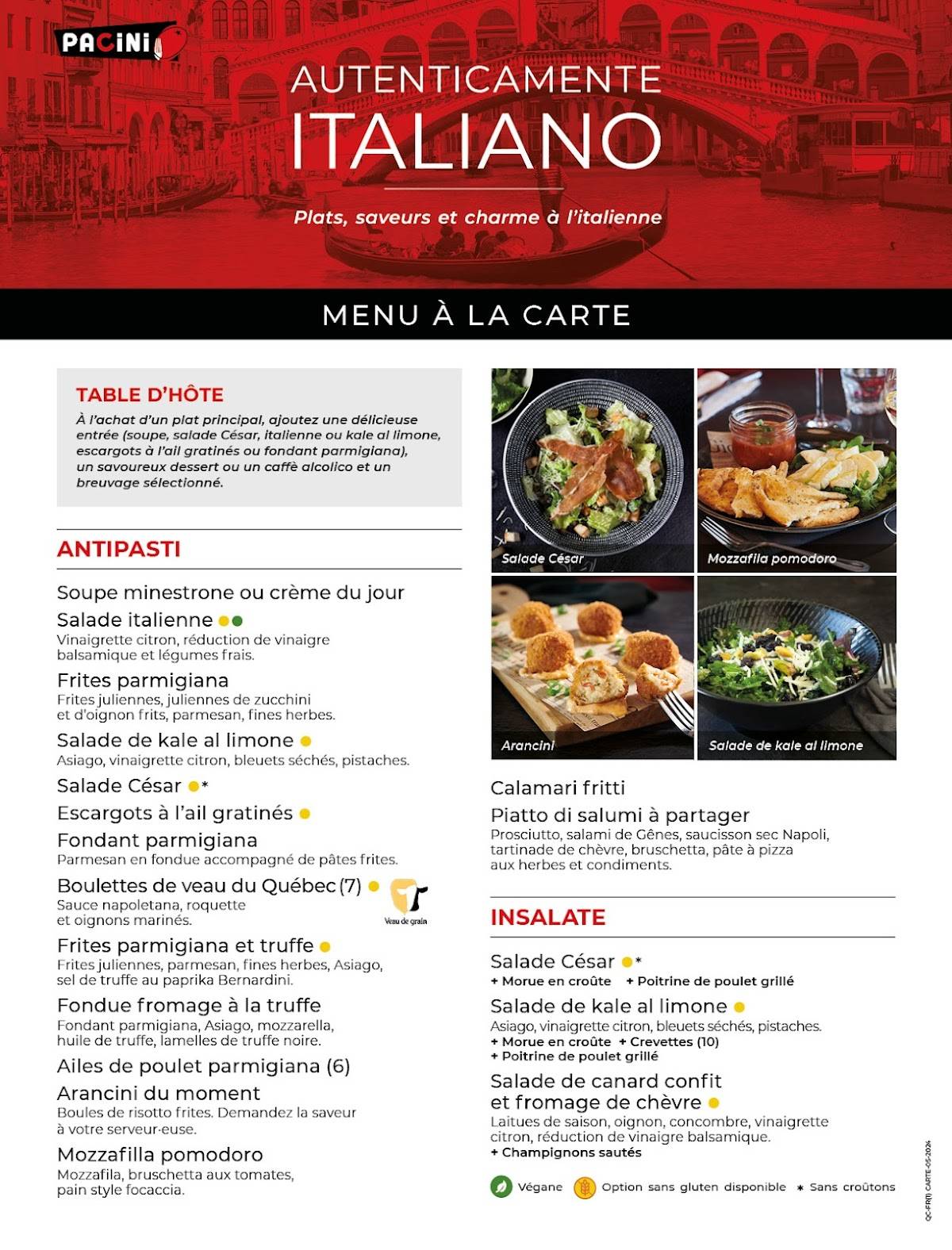 Menu au Pacini Hull restaurant, Gatineau