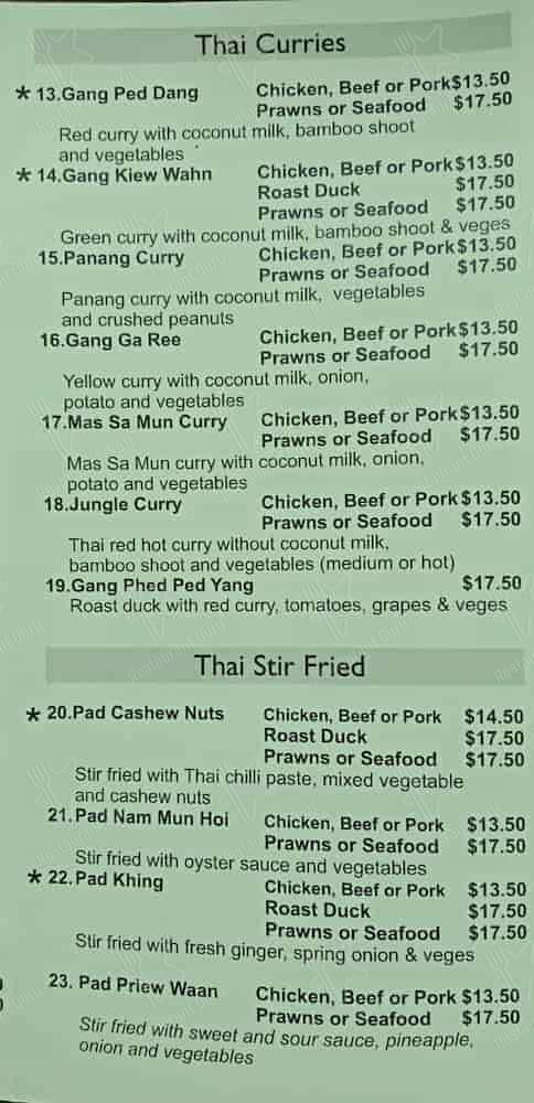 Menu at Pad Thai restaurant, Auckland, 96 Glengarry Rd