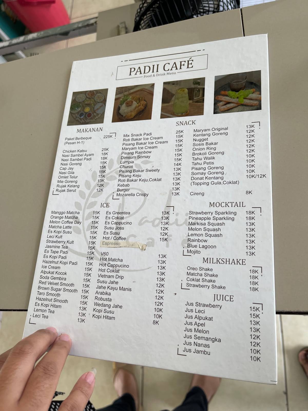 Menu at Padi cafe, Indonesia
