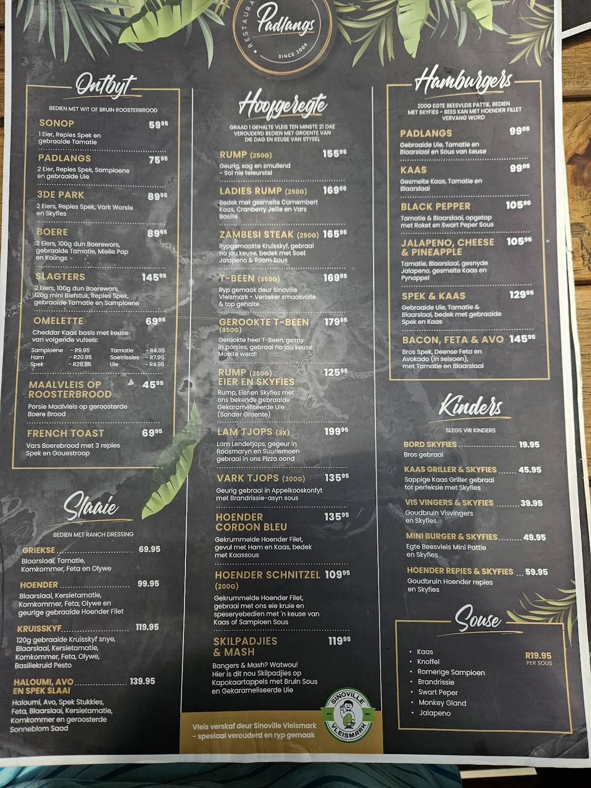 Menu at Padlangs Restaurant & Bar, Pretoria, Derdepark Centre