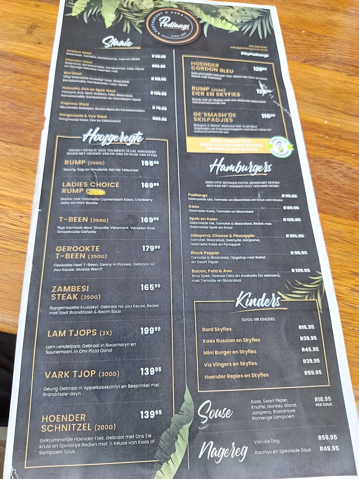 Menu at Padlangs Restaurant & Bar, Pretoria, Derdepark Centre