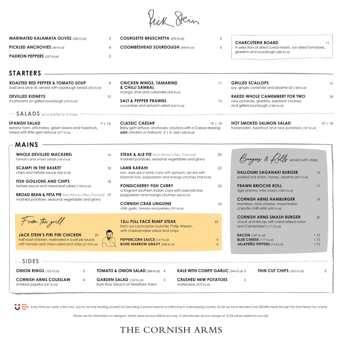 Menu at The Cornish Arms restaurant, Padstow
