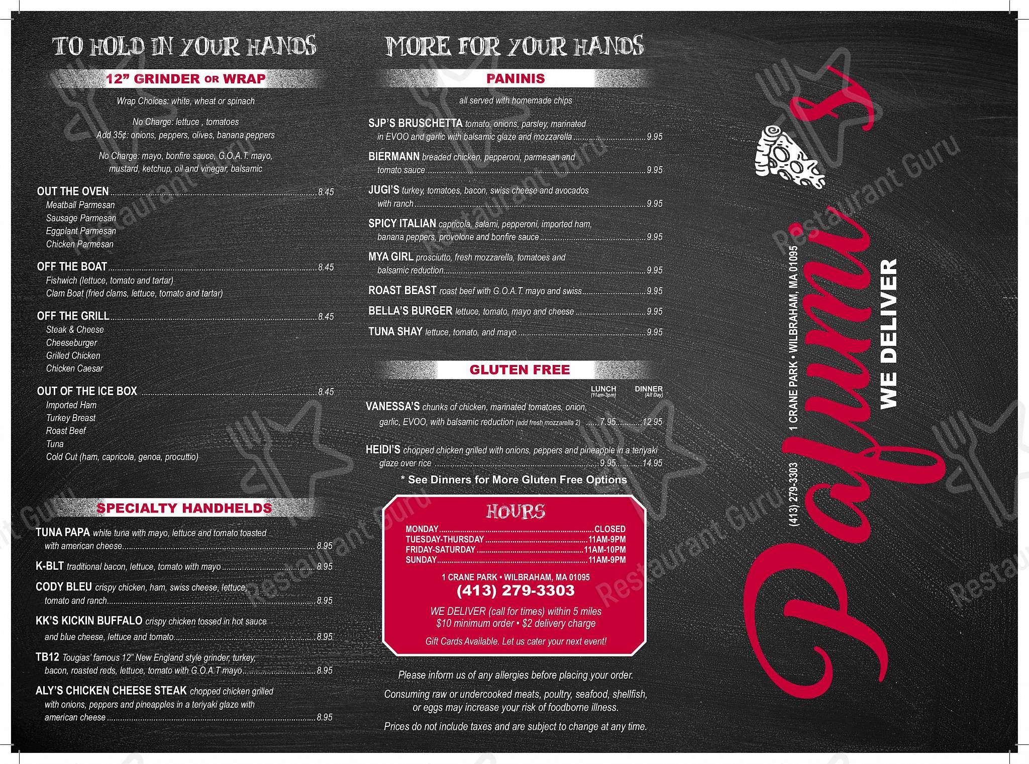 Menu at Pafumi's on main pizzeria, Wilbraham