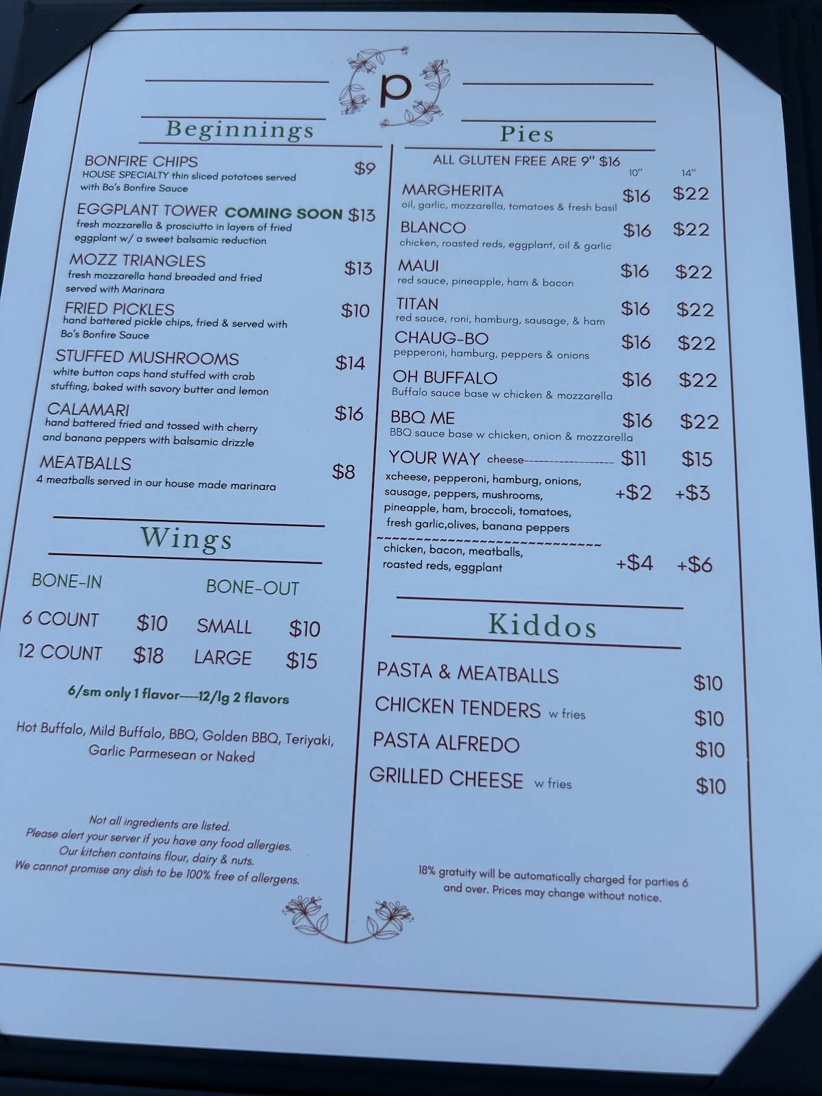 Menu at Pafumi's on main pizzeria, Wilbraham