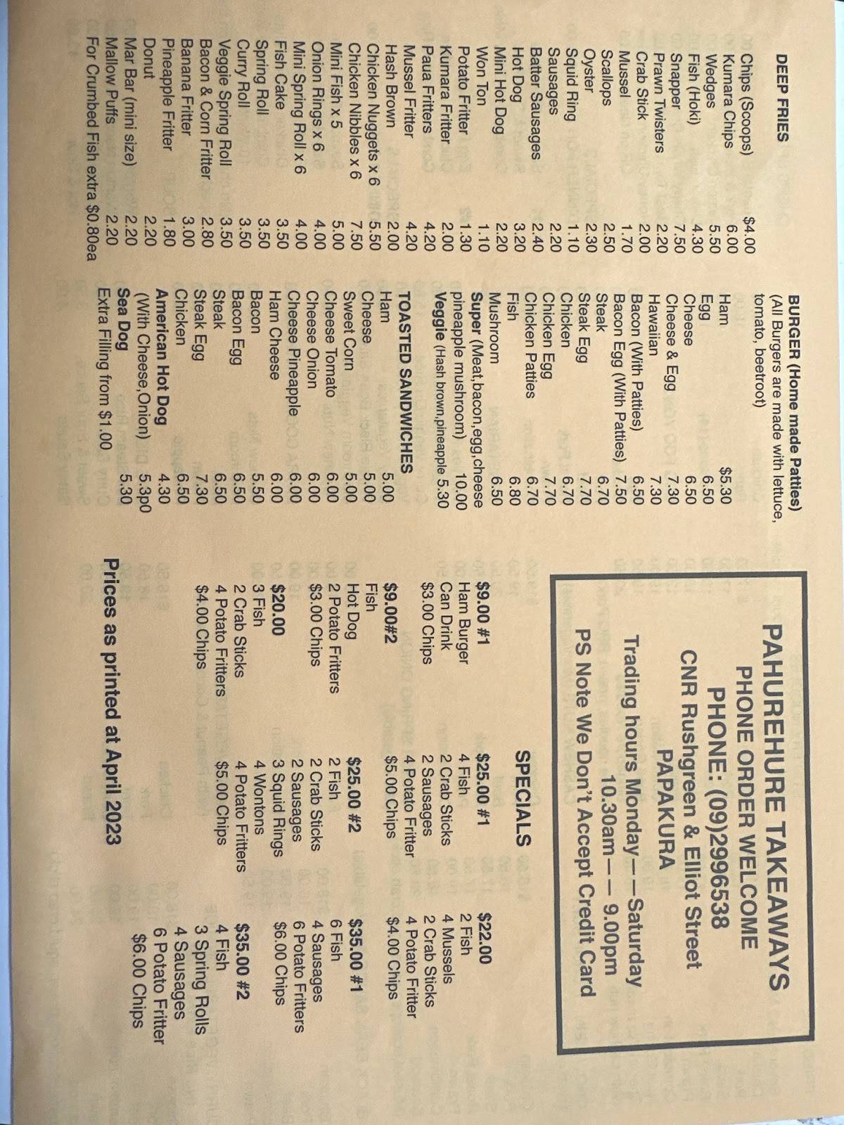 Menu at Pahurehure Takeaways fast food, Papakura