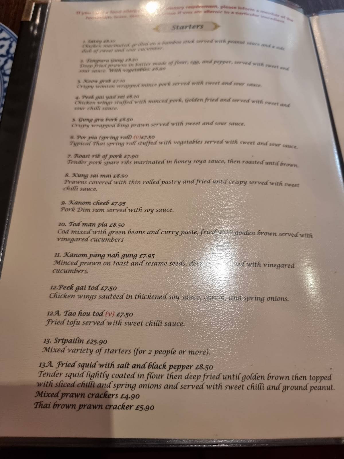 Menu at Pailin Thai Restaurant, Lewes