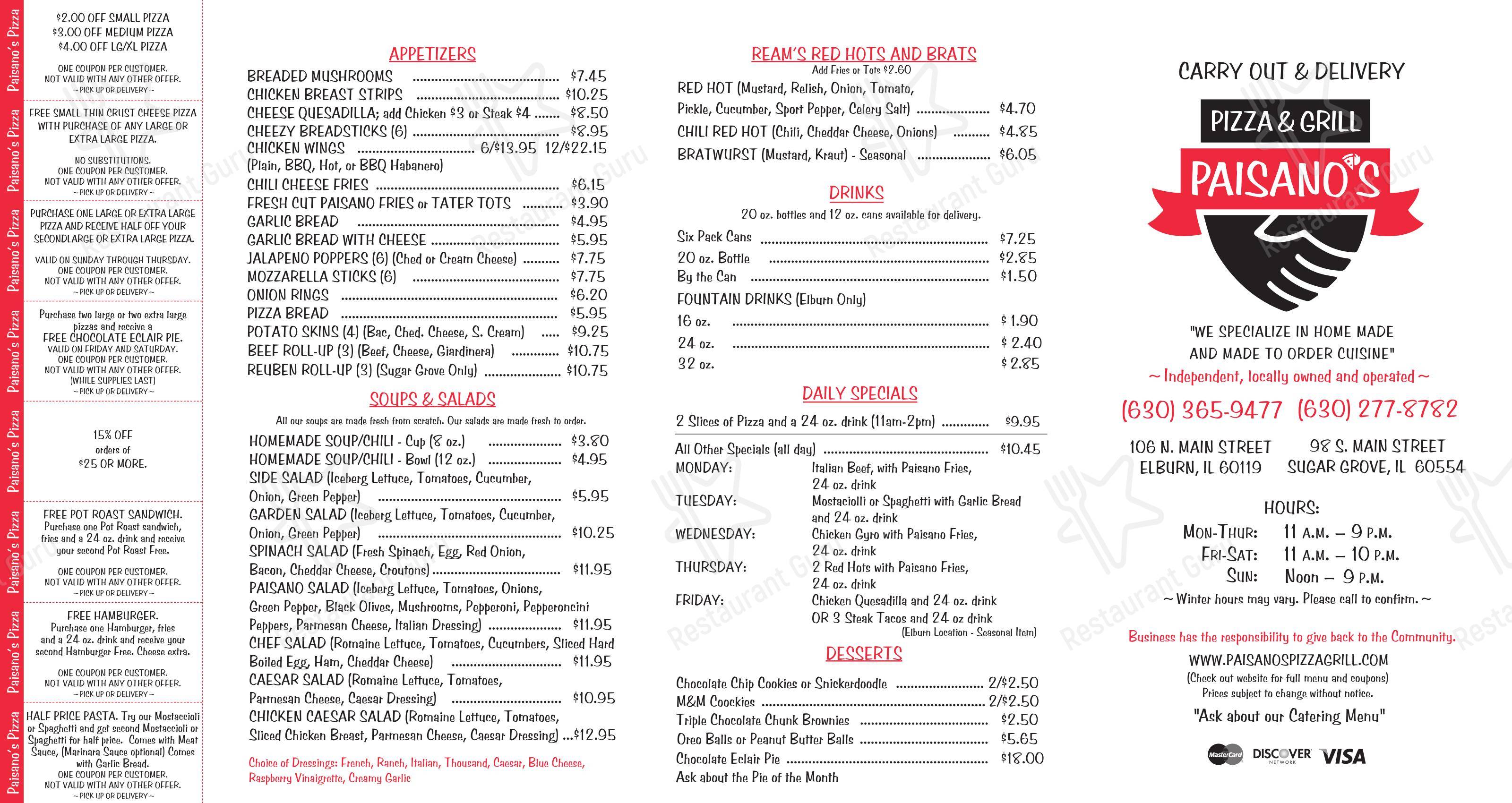 Menu at Paisano's Pizza & Grill pizzeria, Elburn