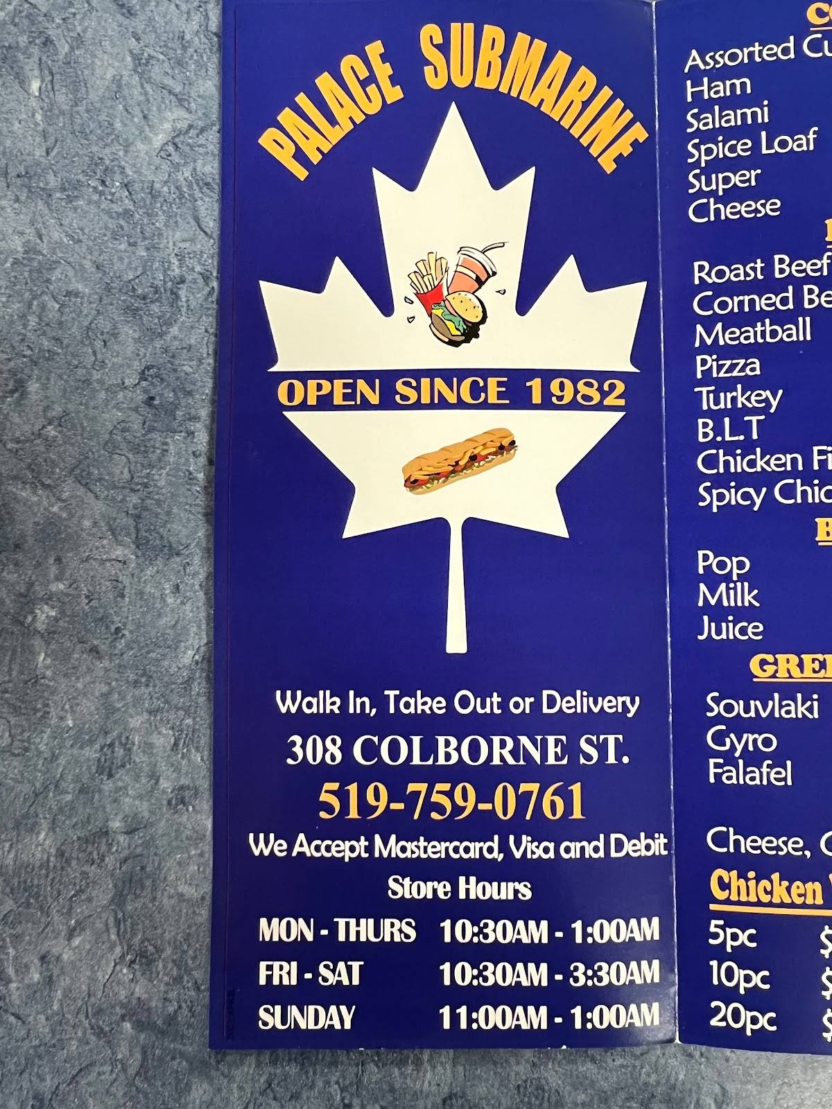 Menu at Palace Submarine restaurant, Brantford