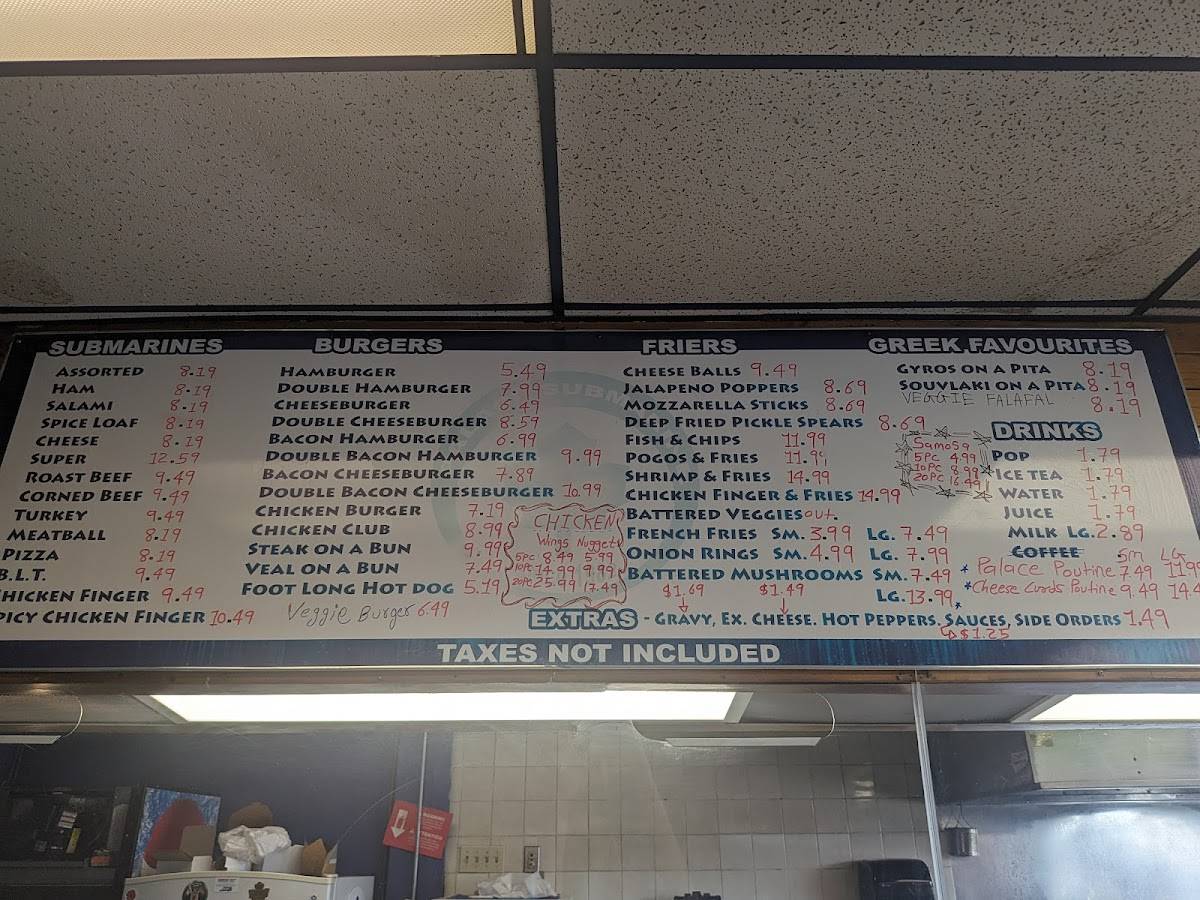 Menu at Palace Submarine restaurant, Brantford