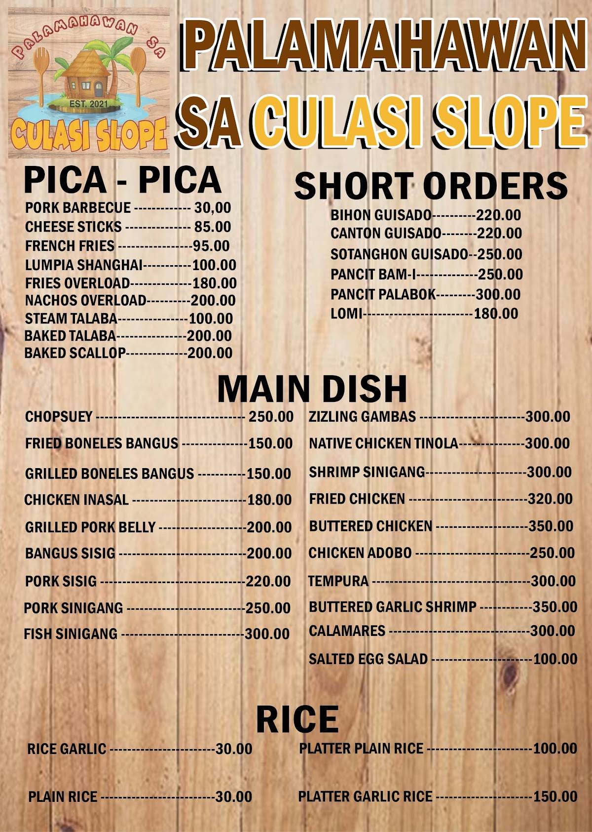 Menu at Palamahawan sa Culasi Slope restaurant, Roxas City