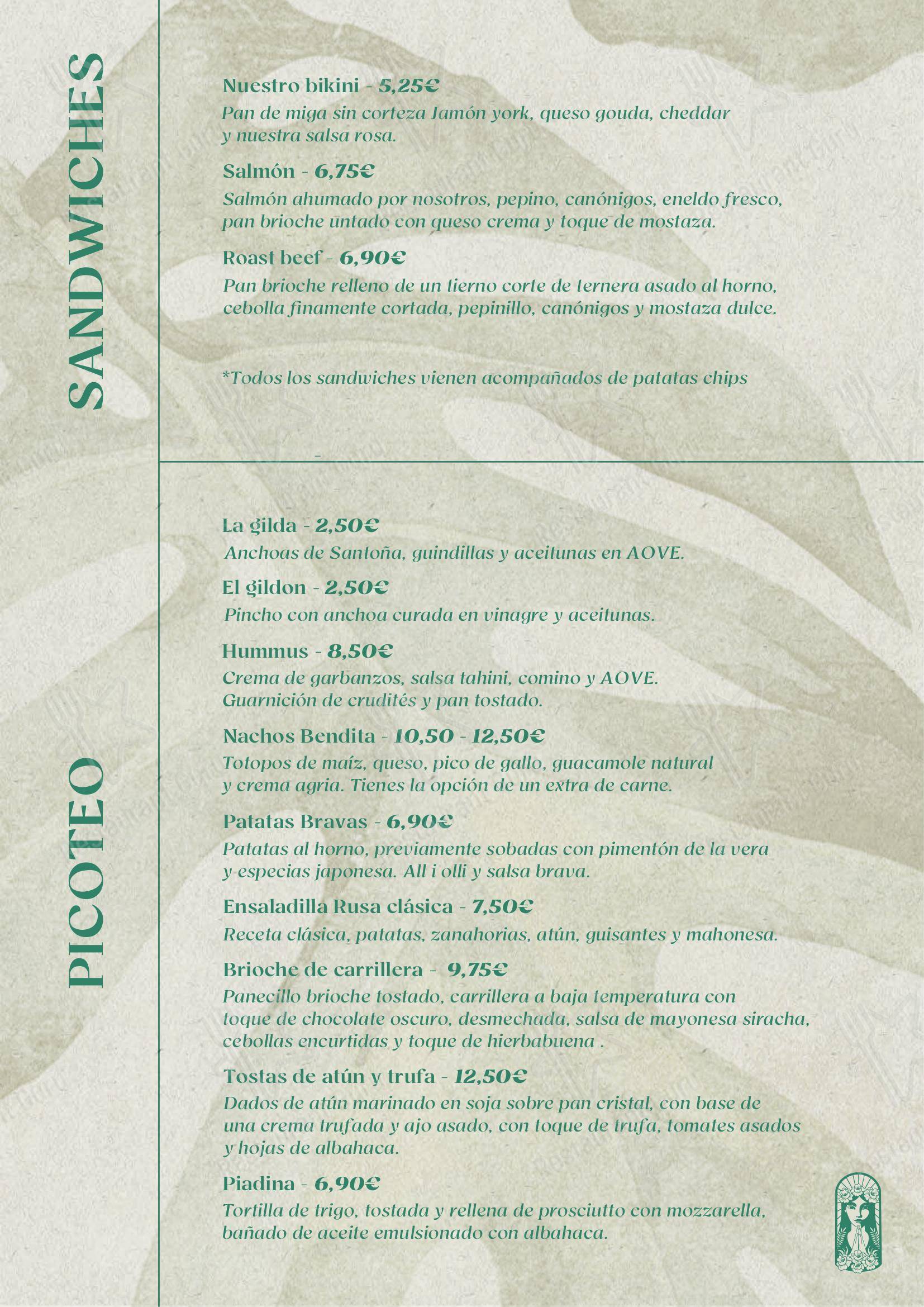 Menu at Bendita Palma restaurant, Palma