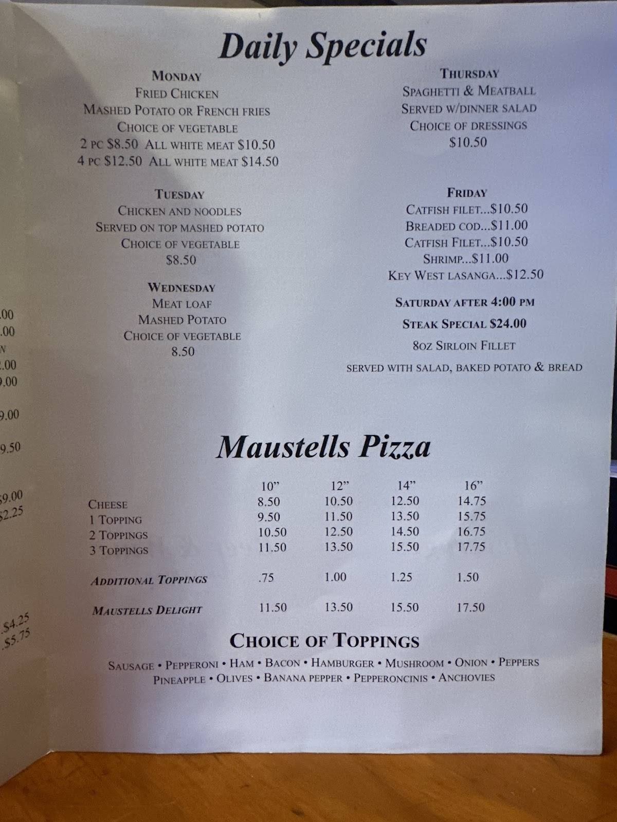 Menu at Palomino Club, Taylorville