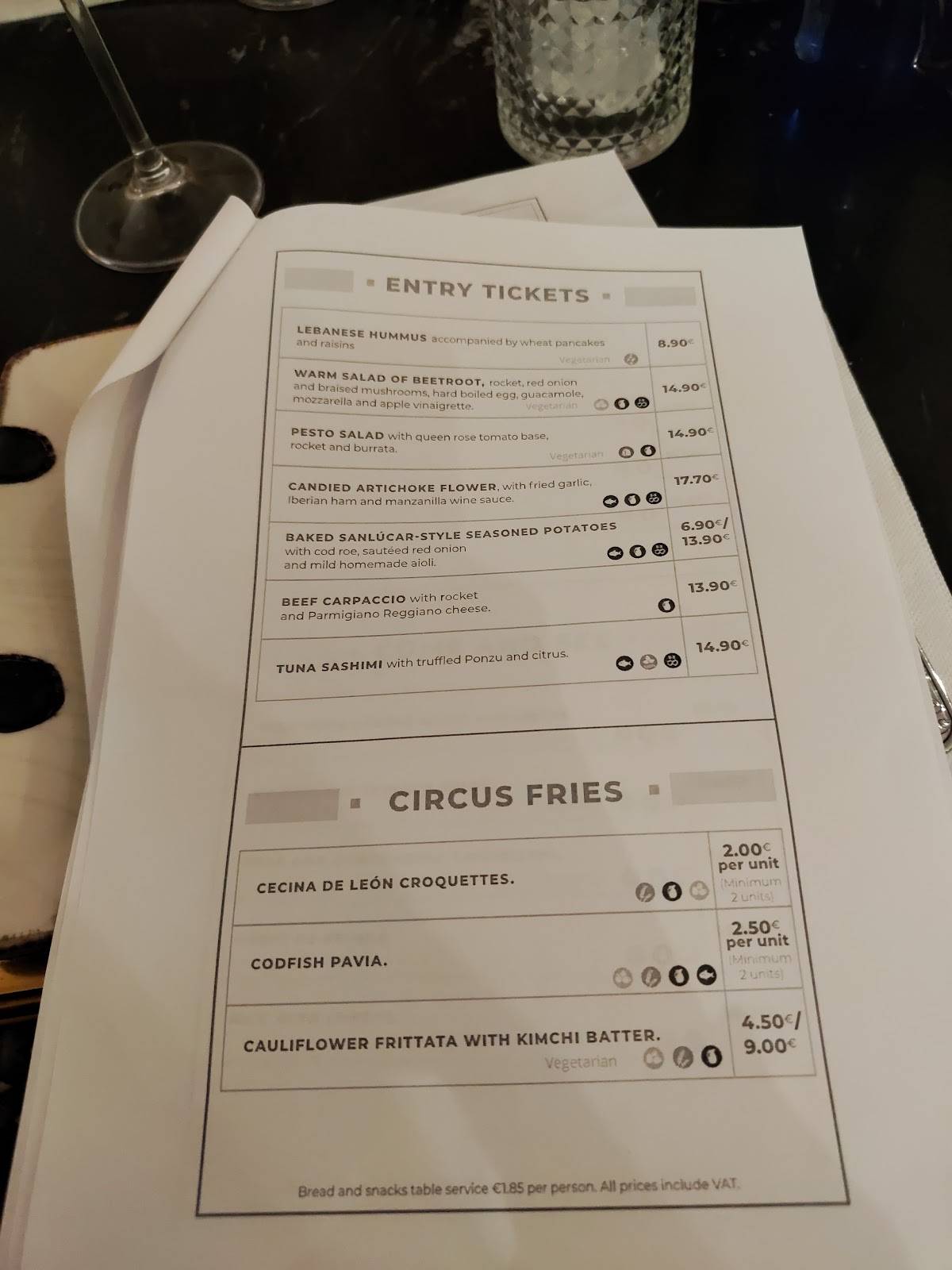 Menu at Pan y Circo / Restaurante en el centro de Sevilla, Seville