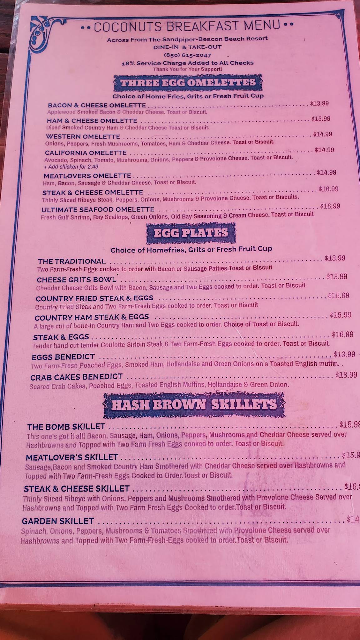 Menu at Coconuts Restaurant, Panama City Beach, Front Beach Rd