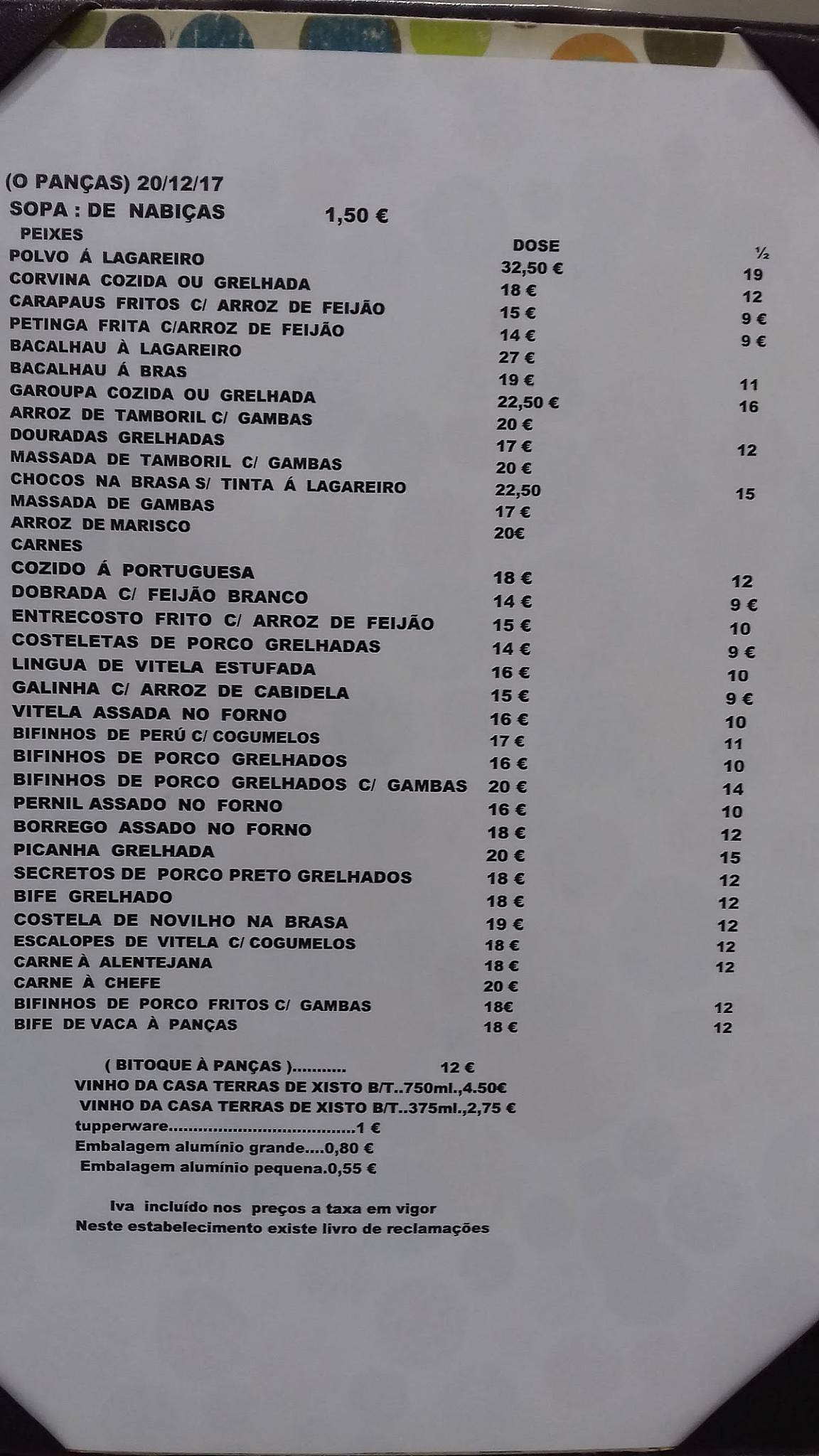 Menu em O Panças restaurante, Lisboa, Estr. Buraca 35