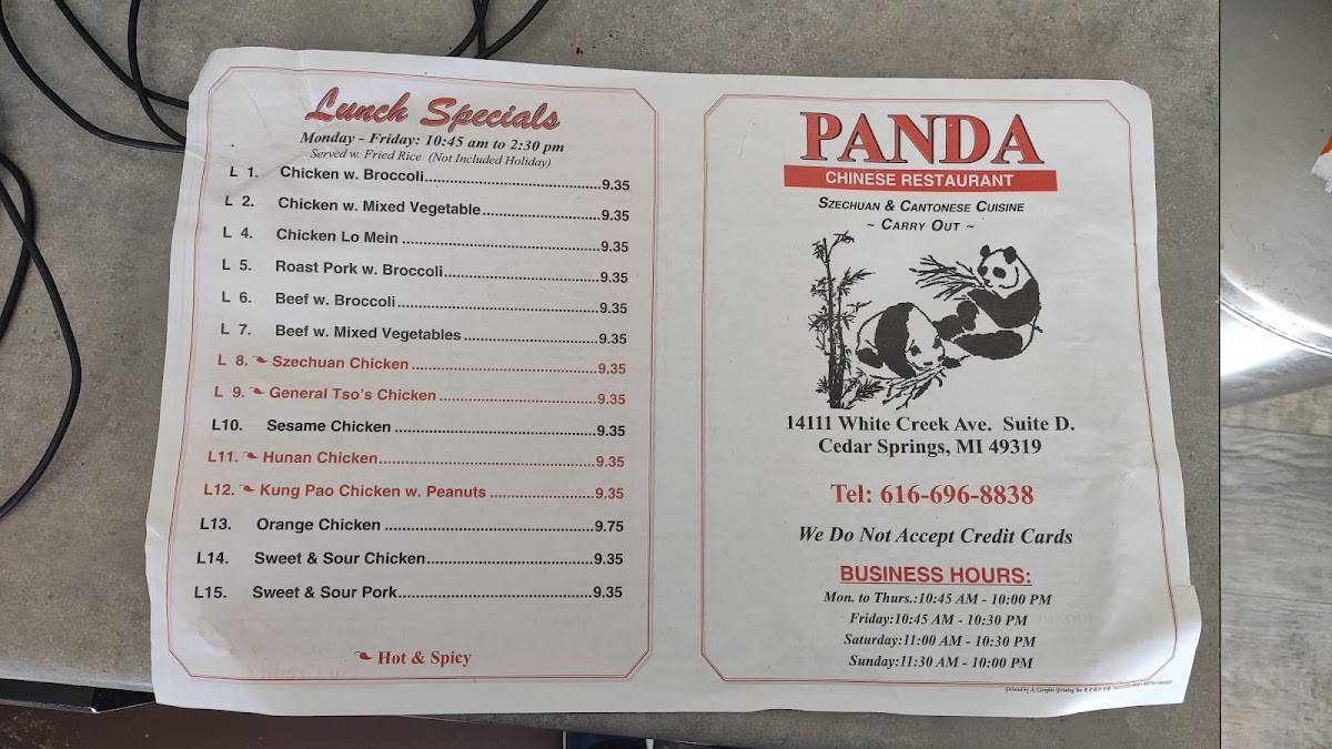 Menu at Panda Chinese Restaurant, Cedar Springs
