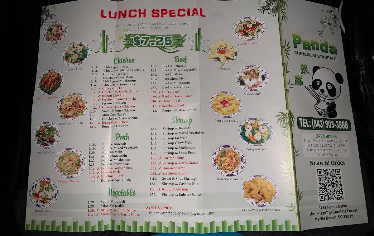 Carta de Panda Chinese Restaurant, Myrtle Beach