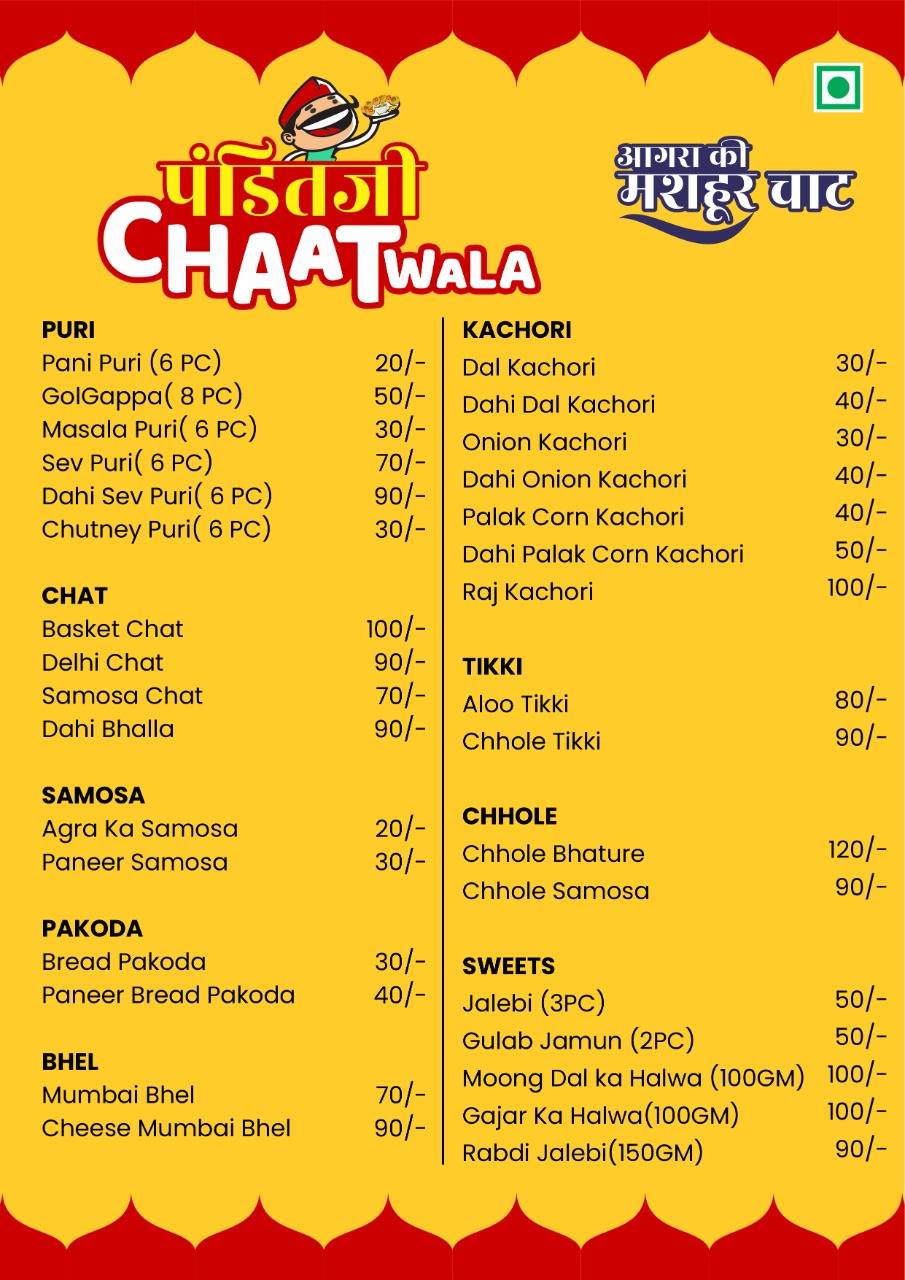 Menu at Panditji Chaatwala, Gandhinagar