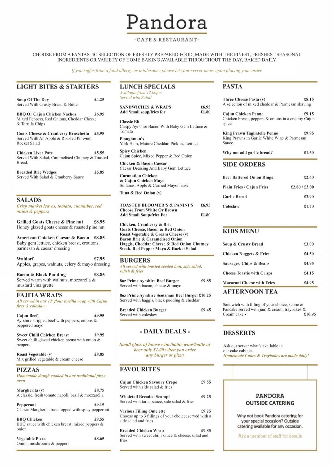 Menu at Pandora cafe, Ayr