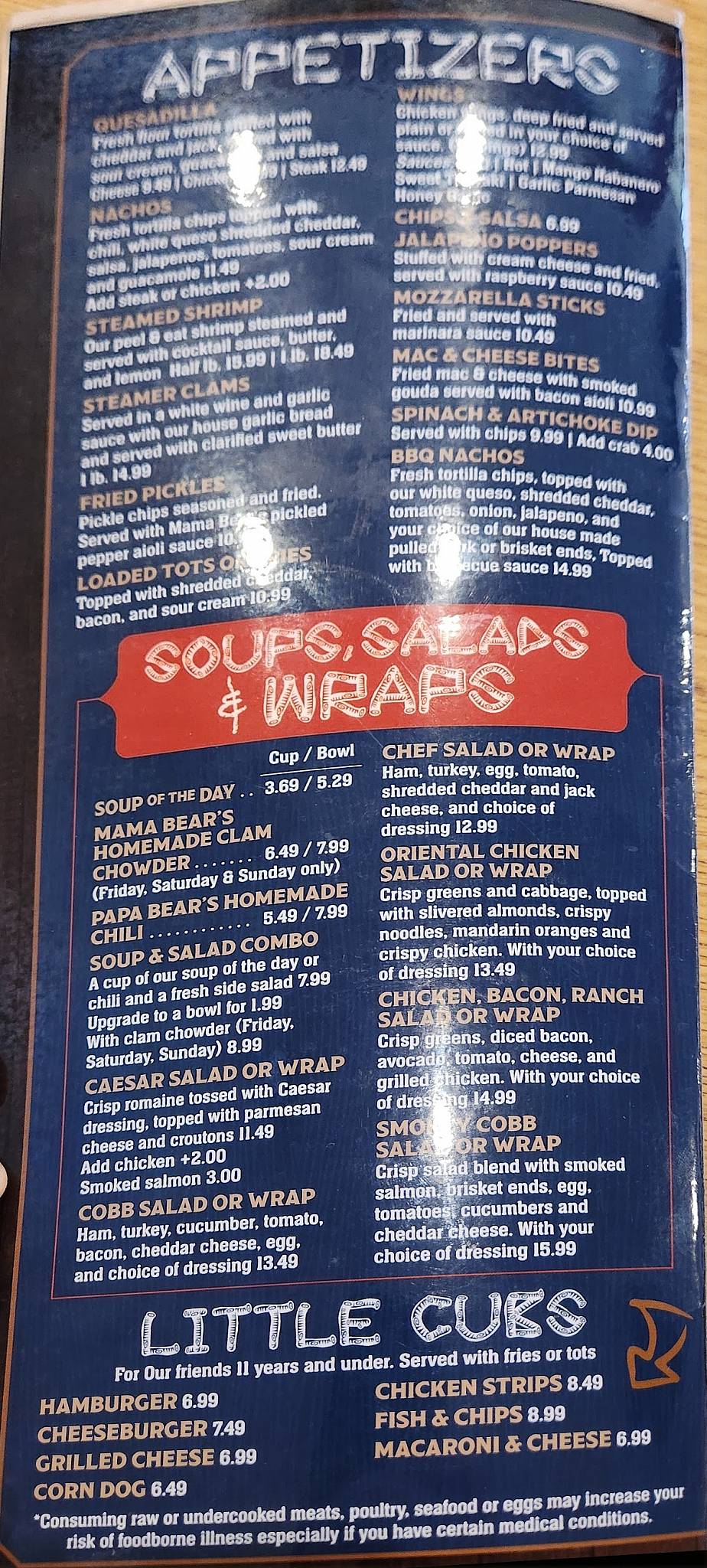Menu at Papa Bear's West Family Restaurant & Bar, Napavine