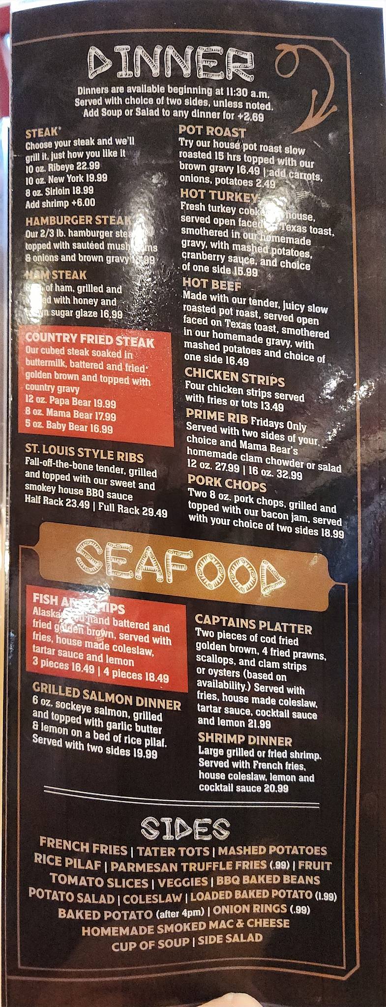 Menu at Papa Bear's West Family Restaurant & Bar, Napavine
