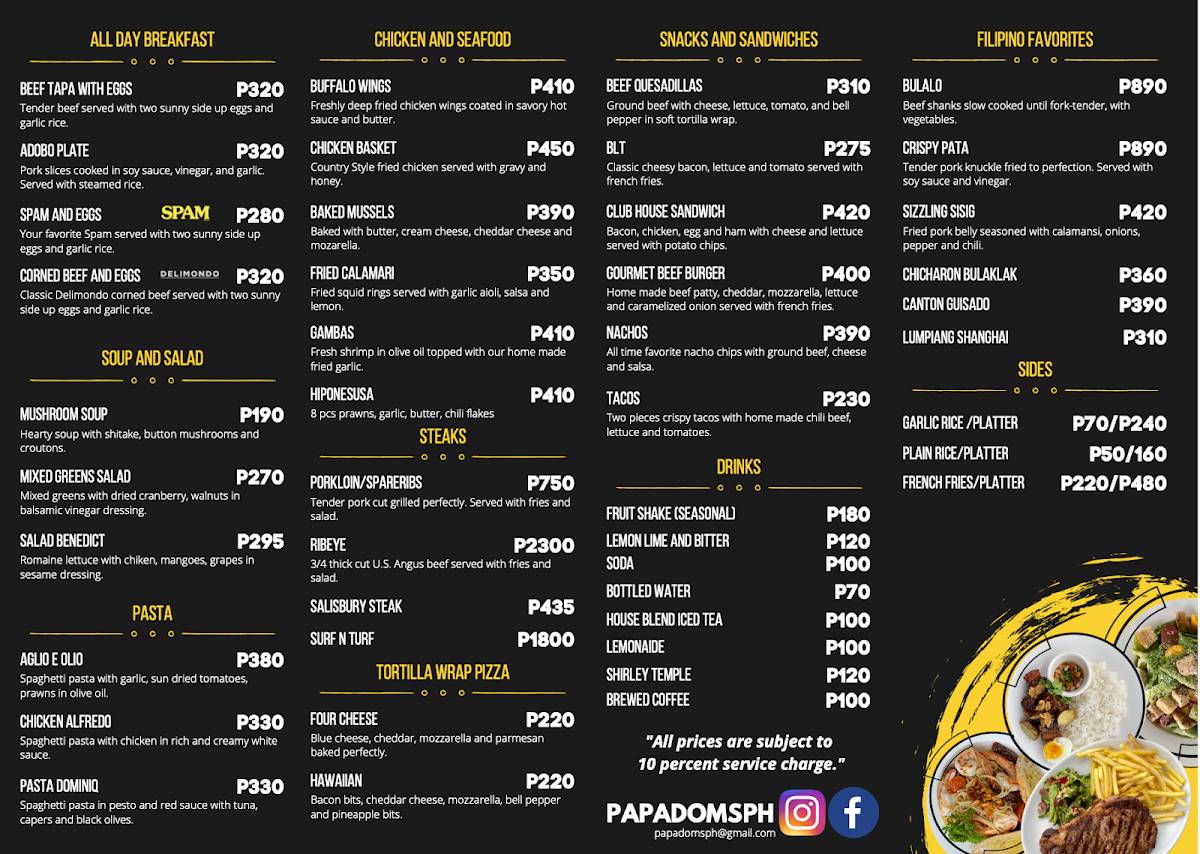 Menu at Papa Doms Bar and Restaurant - Tagaytay, Tagaytay