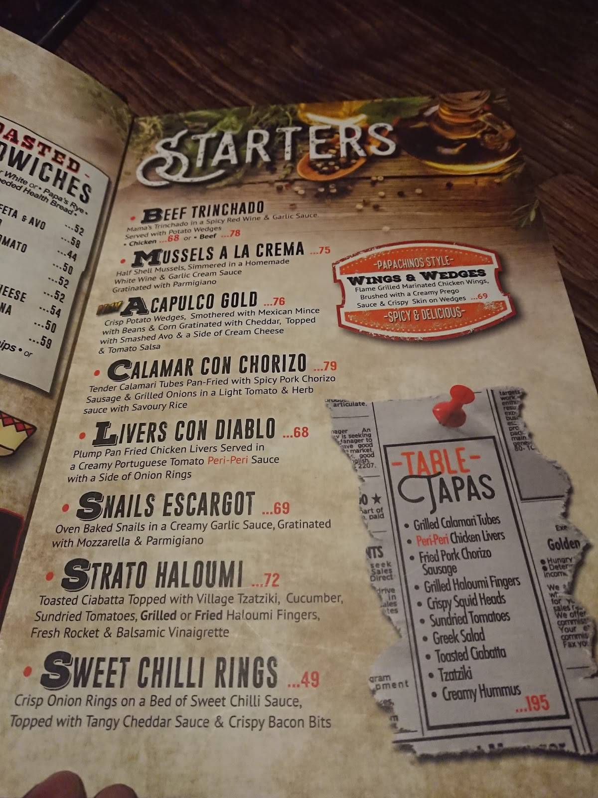 Menu at Papachinos Boksburg restaurant, Boksburg
