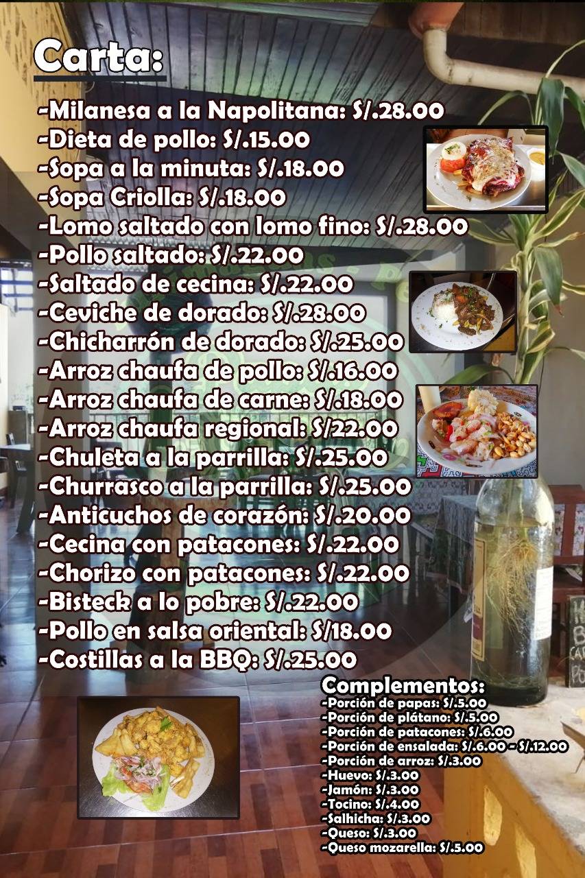 Carta del restaurante Papas Locas, Yurimaguas